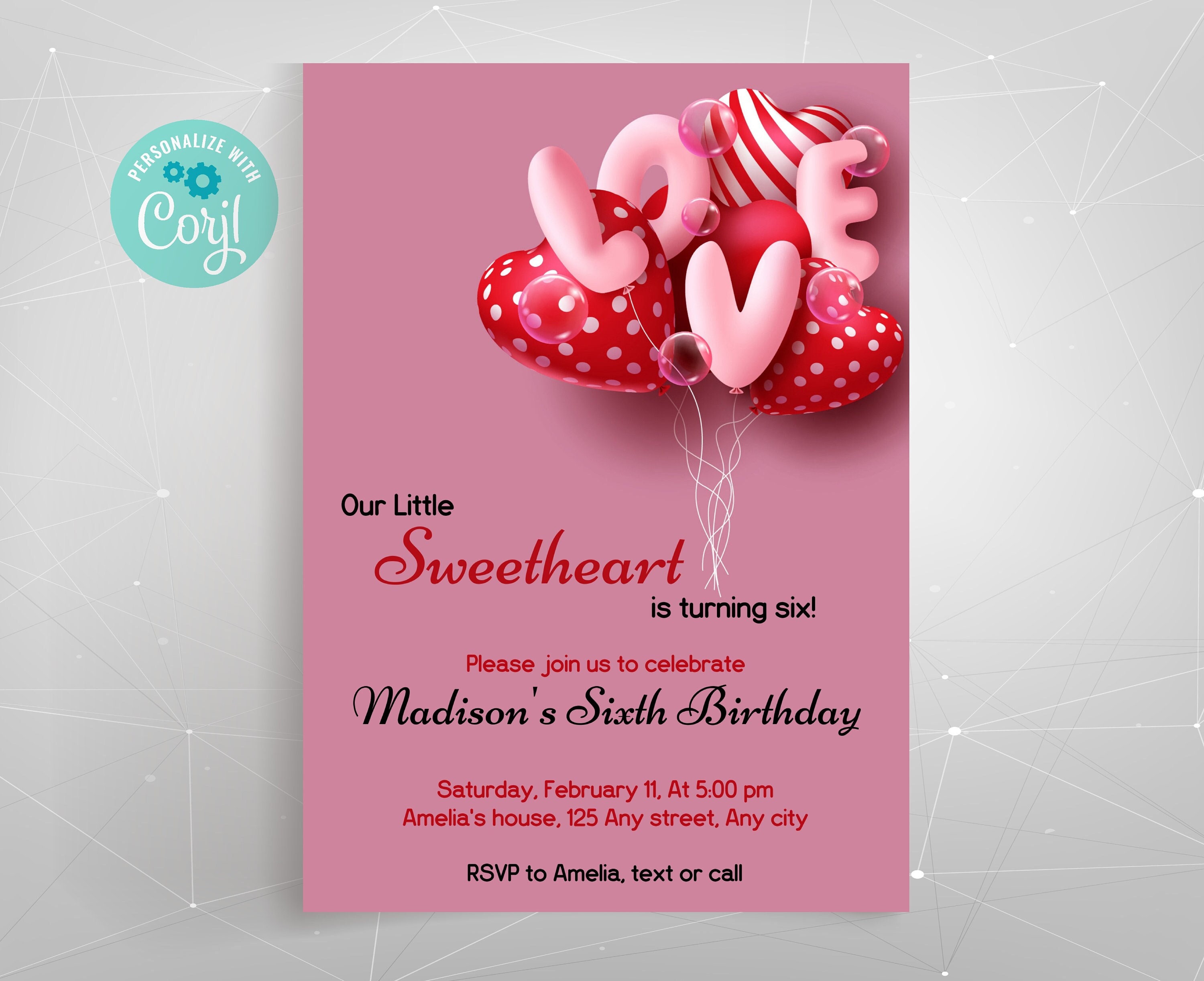 Editable Printable Sweetheart Birthday Party Invitation, Electronic ...