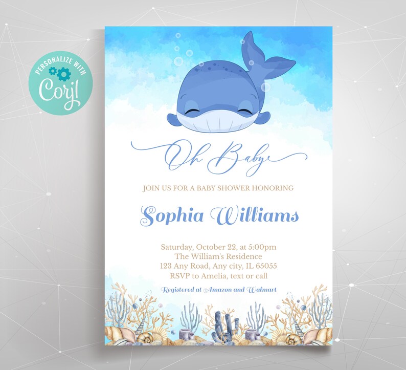 Editable Blue Whale Baby Shower Invitation, Coral Reef Baby Shower ...