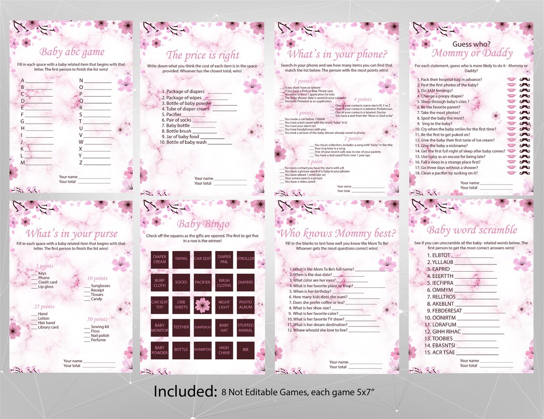 Baby in Bloom Baby Shower Games Set, Pink Flowers Baby Shower Games Set ...