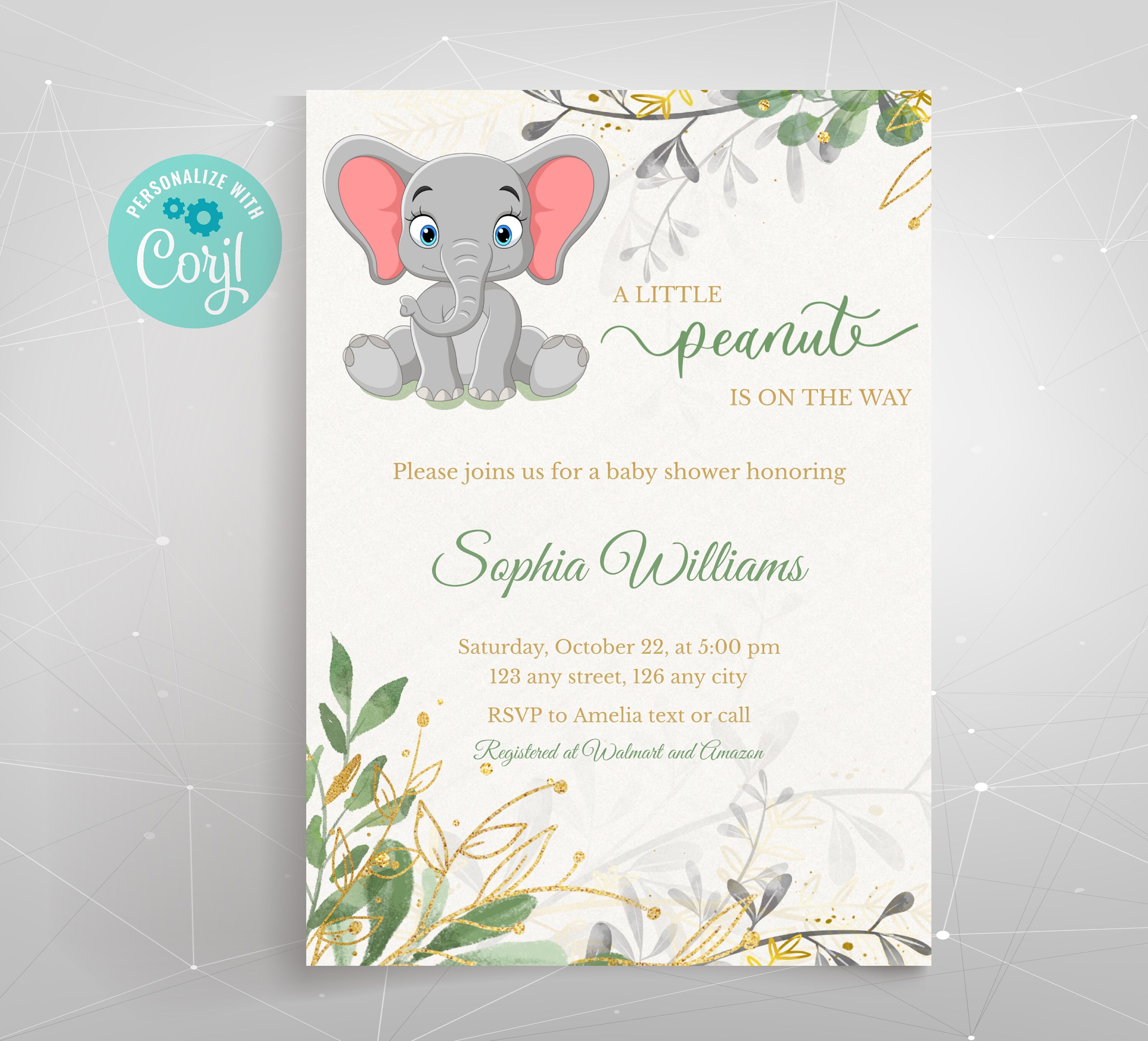 Editable Elephant Baby Shower Invitation, Green Floral Elephant Baby ...