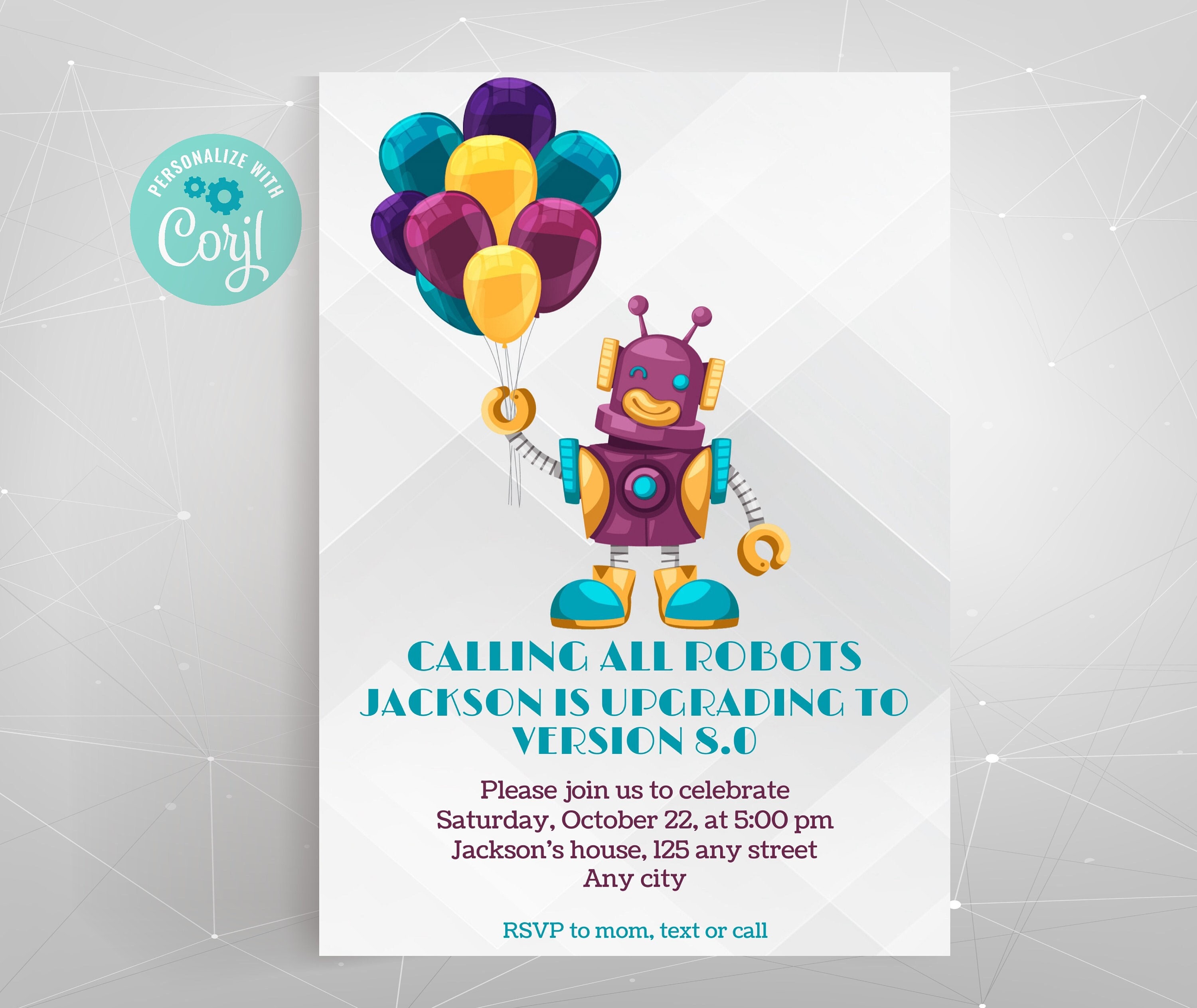 Robot With Balloons Birthday Invitation, Electronic Calling All Robots ...