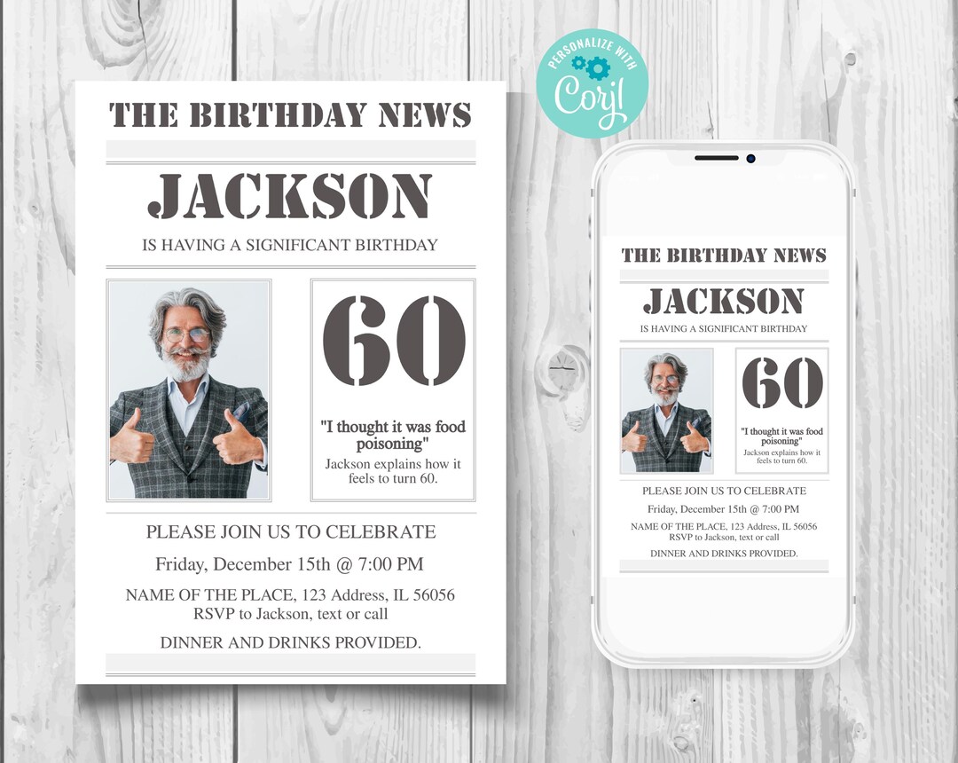 Editable Newspaper Birthday Invitation, Funny Photo Editable Invite ...