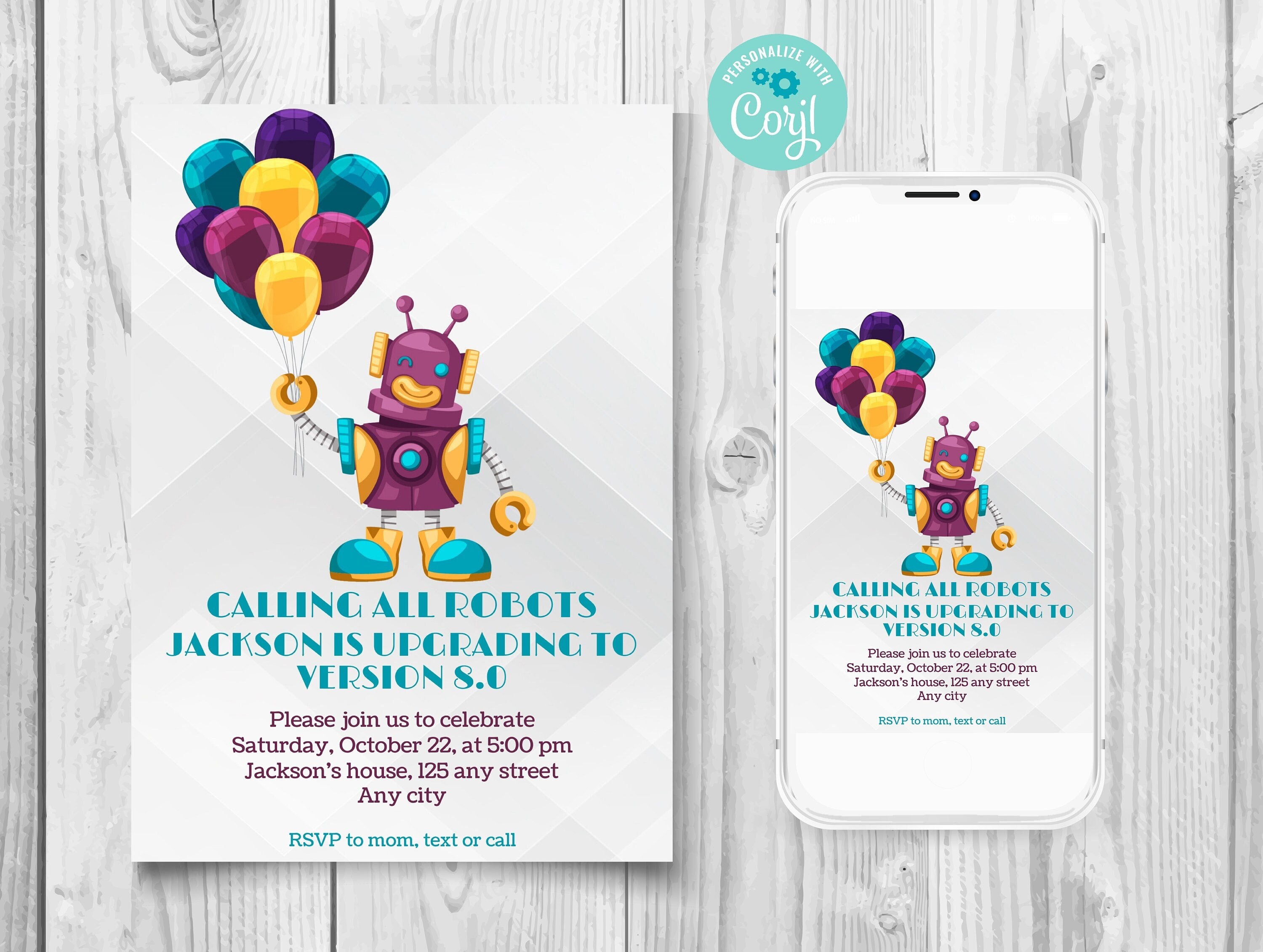 Robot With Balloons Birthday Invitation, Electronic Calling All Robots ...
