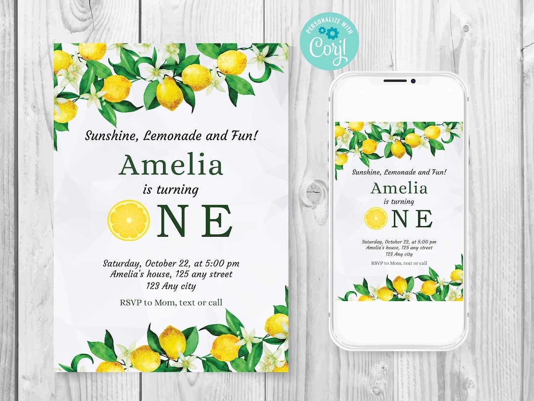 Editable Lemon Birthday Invitation, Lemon 1st Birthday Invitation ...