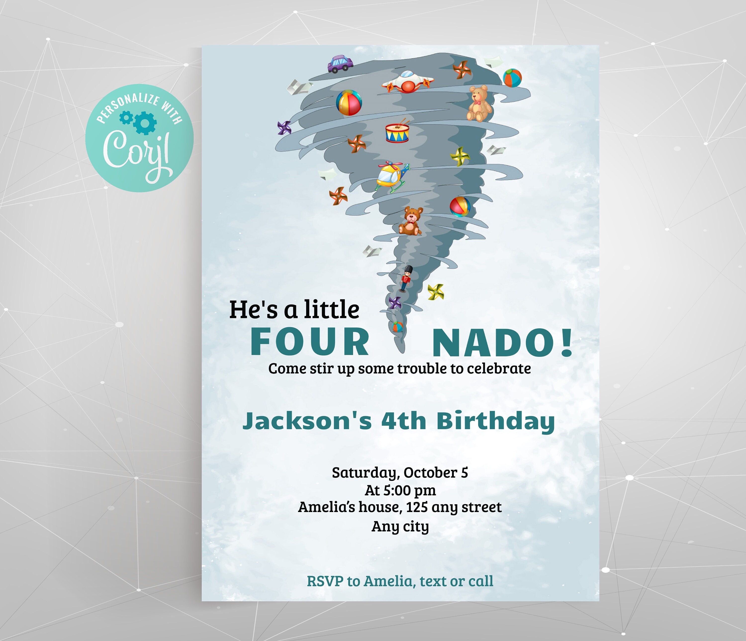 He's a Little Tornado Birthday Party Invitation, Electronic Storm ...