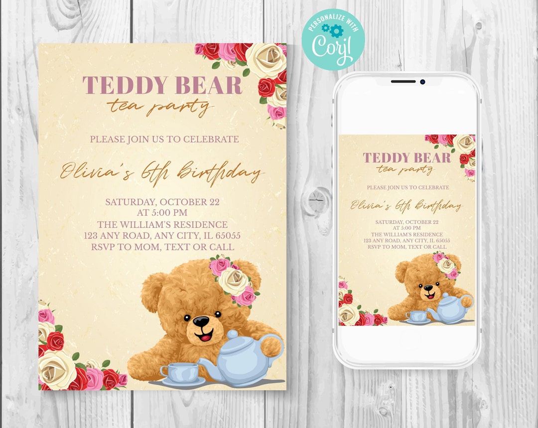 Teddy Bear Tea Party Birthday Invitation, Kids Tea Party Invite ...