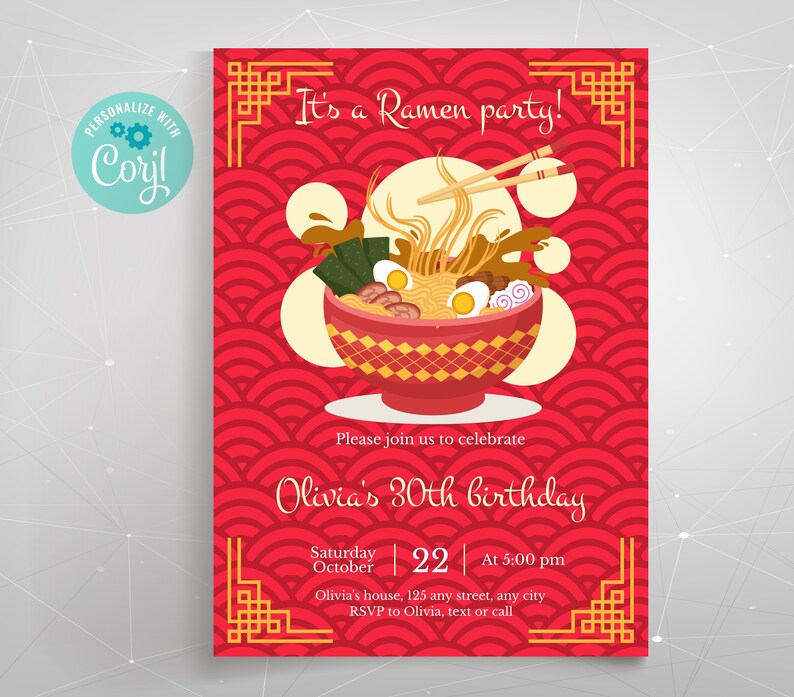 Ramen Birthday Party Invitation, Asian Noodle Invitation, Japanese ...