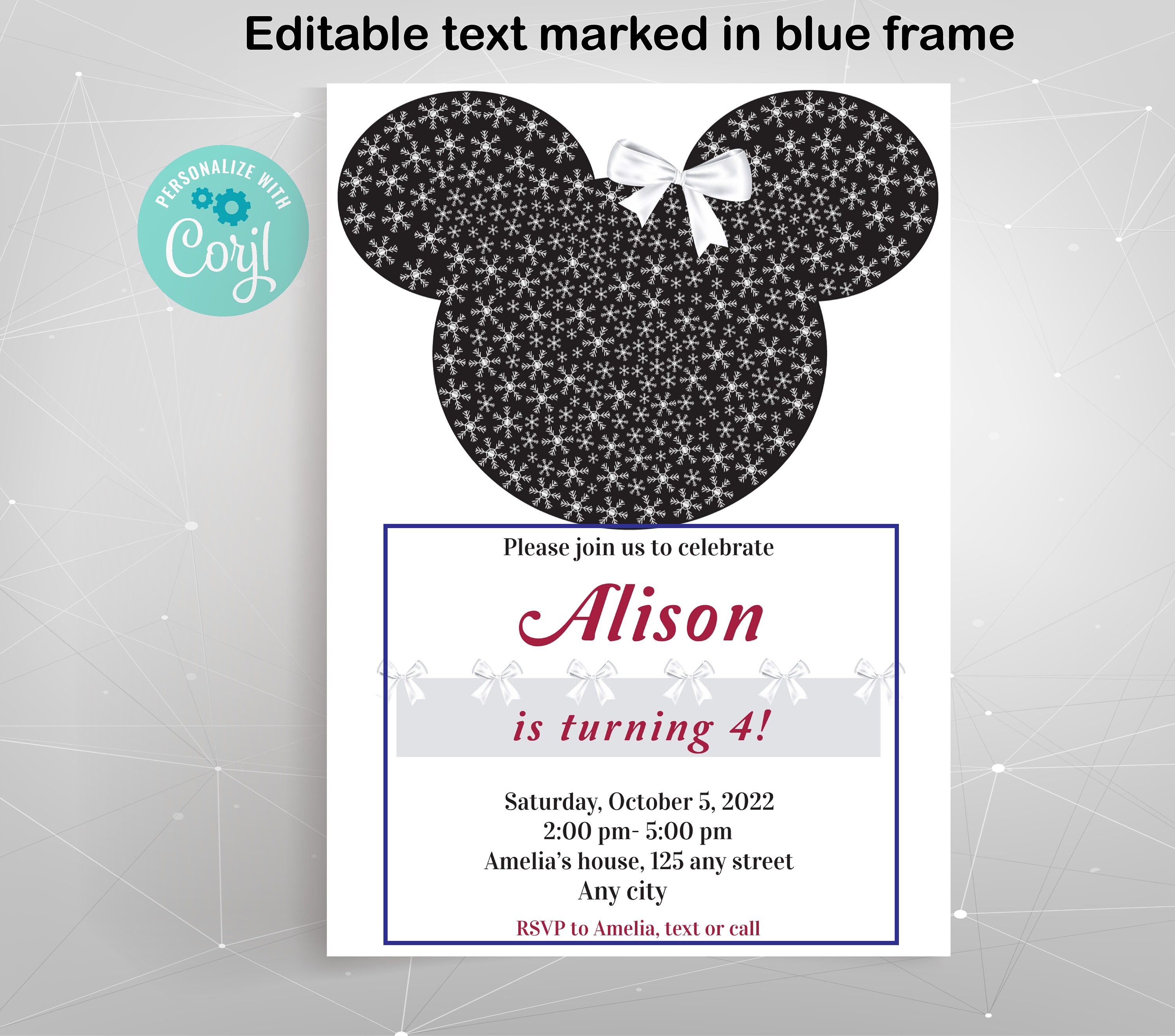 Editable Printable White Black Snowflake Ribbon Birthday Party - Etsy