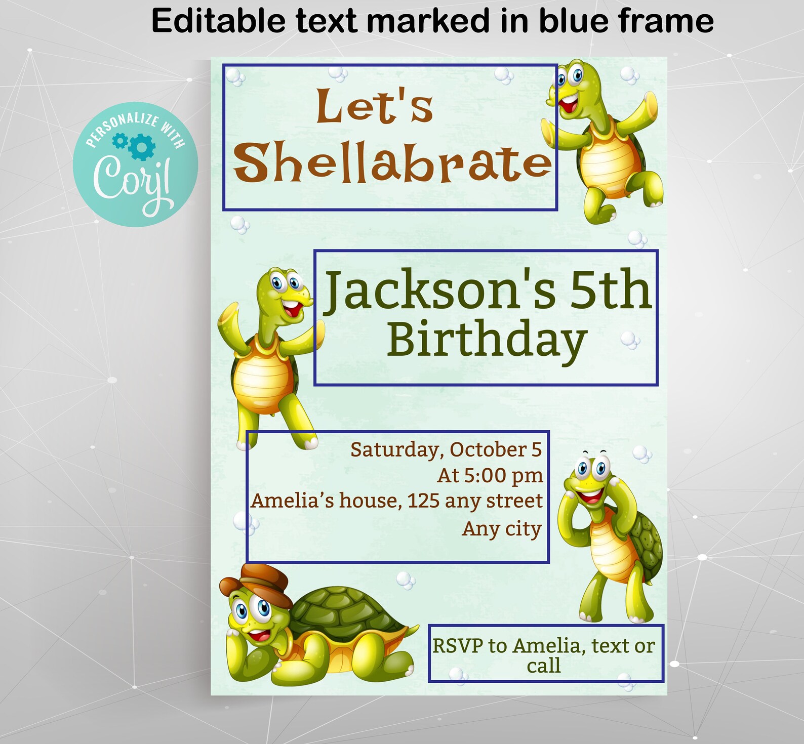 Green Turtle Birthday Party Invitation, Let's Shellabrate Birthday ...