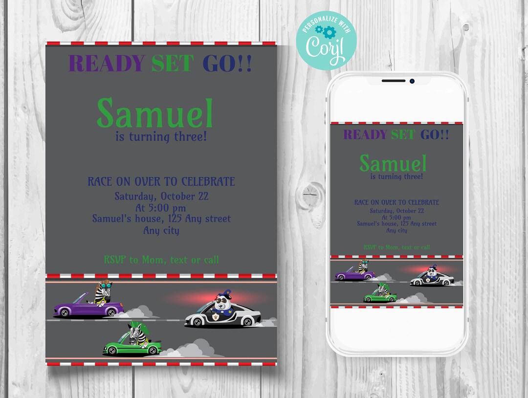 Car Race Birthday Party Invitation, Vehicle Animals Birthday Invite ...