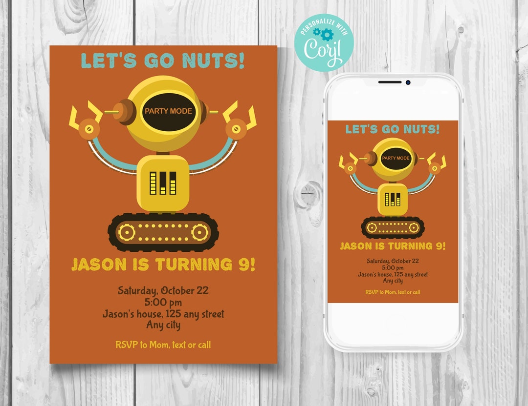 Editable Yellow Robot Birthday Party Invitation, Electronic Calling All ...