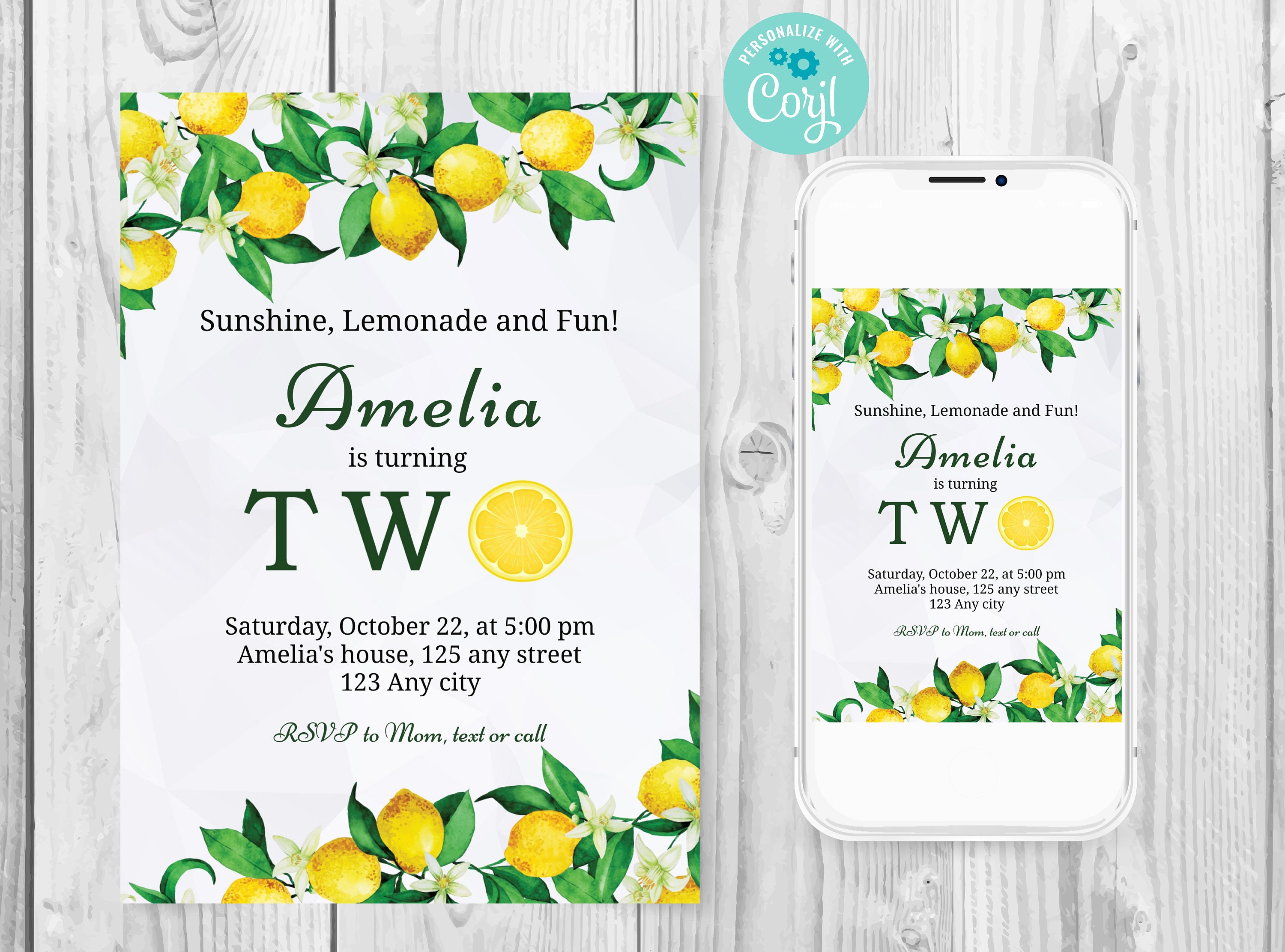 Editable Lemon Birthday Invitation, Lemon 2nd Birthday Invitation ...