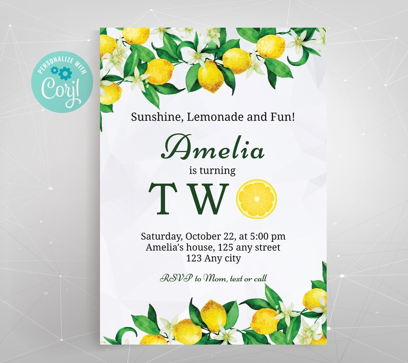 Editable Lemon Birthday Invitation, Lemon 2nd Birthday Invitation ...