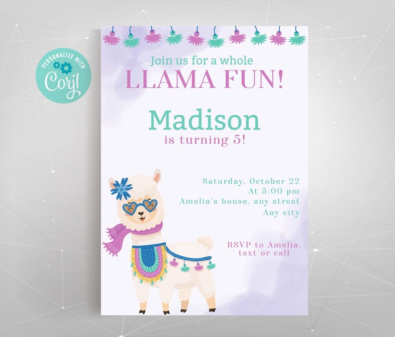 Editable Purple Llama Birthday Invitation, Electronic A Whole Llama ...