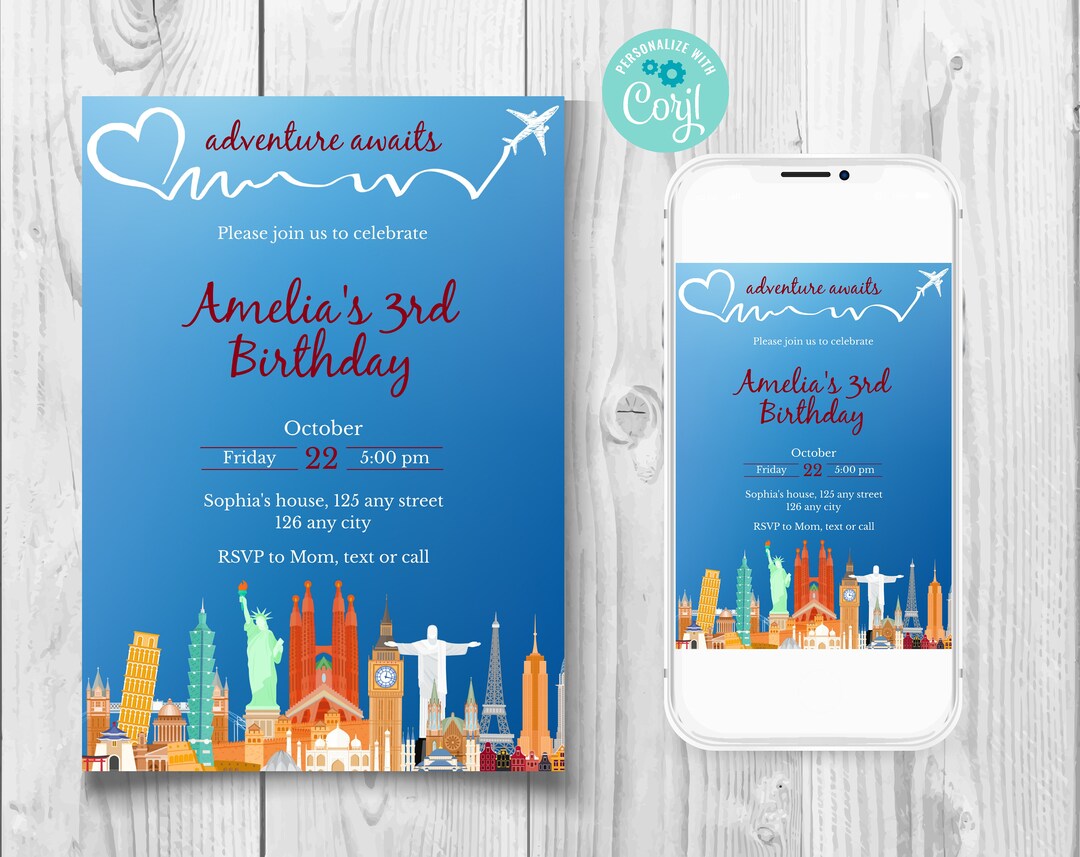 Travel Birthday Invitation, Adventure Awaits Birthday Invitation, World ...