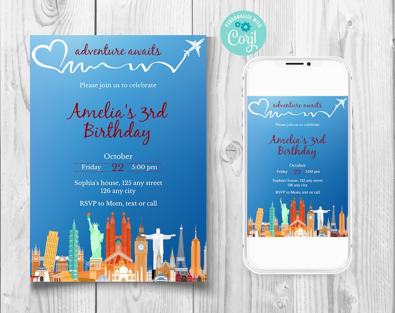 Travel Birthday Invitation, Adventure Awaits Birthday Invitation, World ...