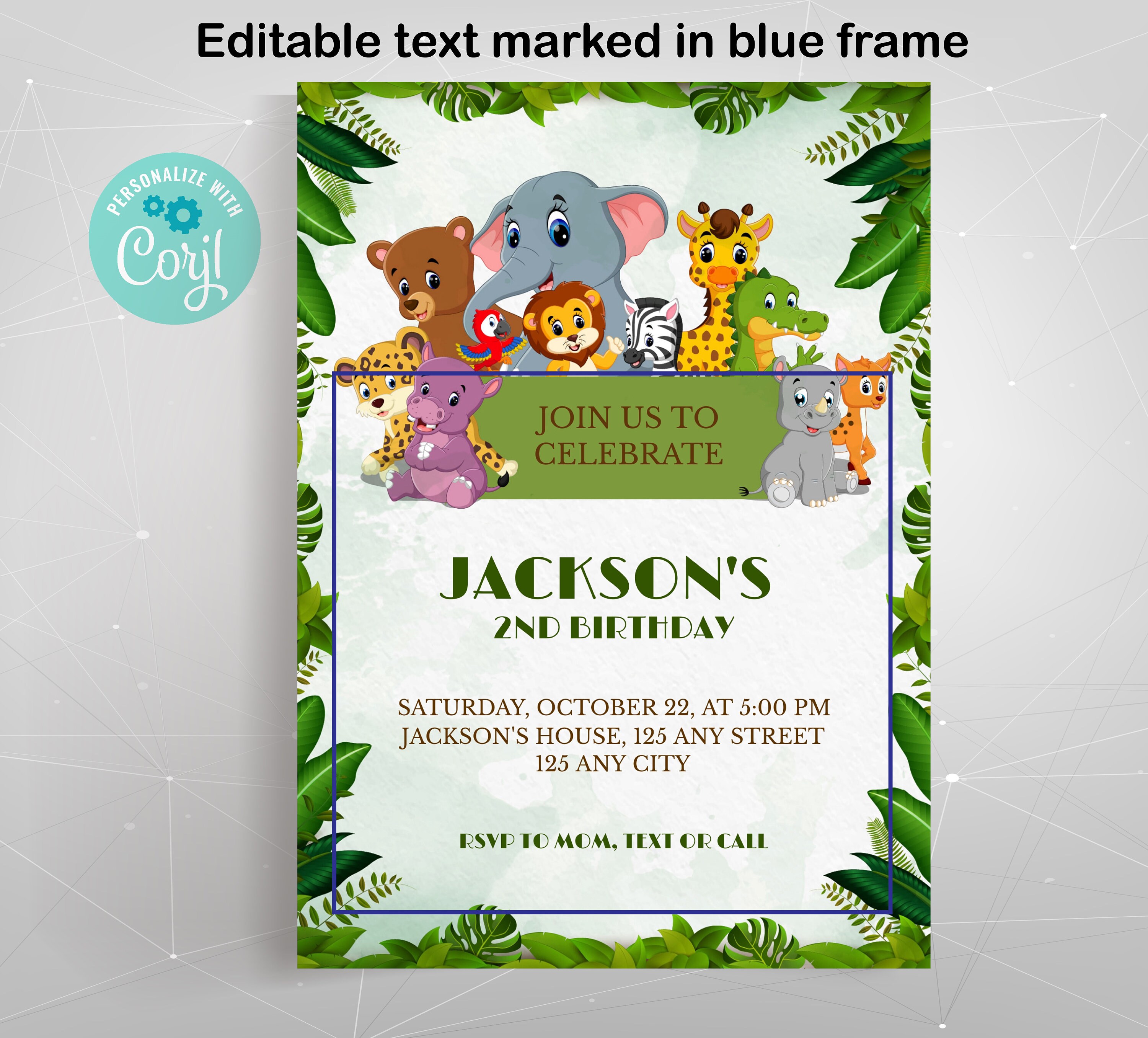 Editable Safari Animals Birthday Party Invitation, Electronic Cartoon ...