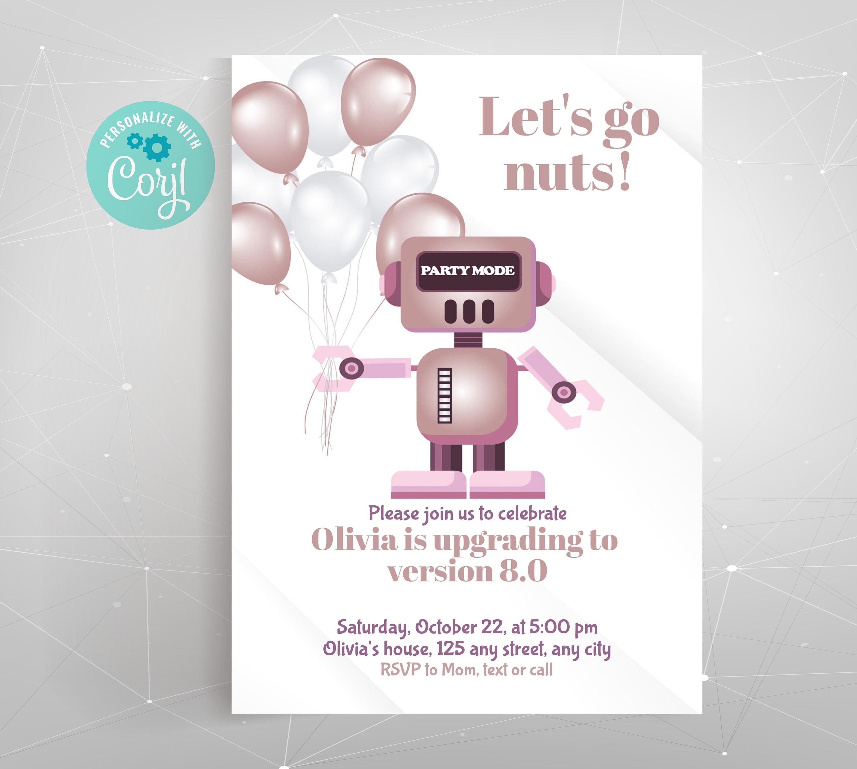 Pink Robot Birthday Party Invitation, Let's Go Nuts Birthday Invitation ...