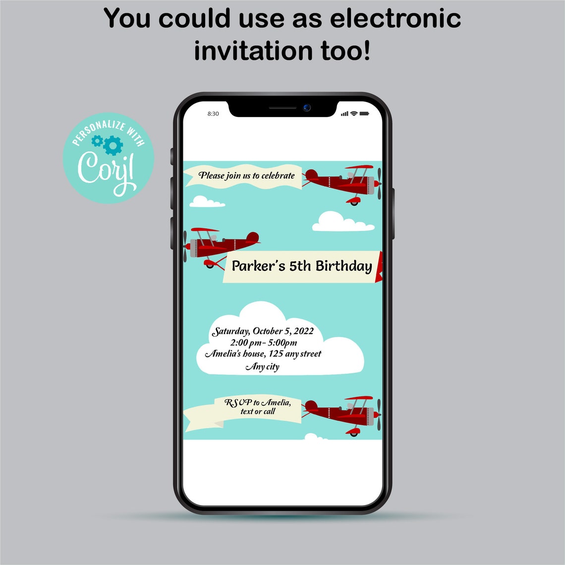 Editable Printable Airplane With Ribbons Birthday Party Invitation ...