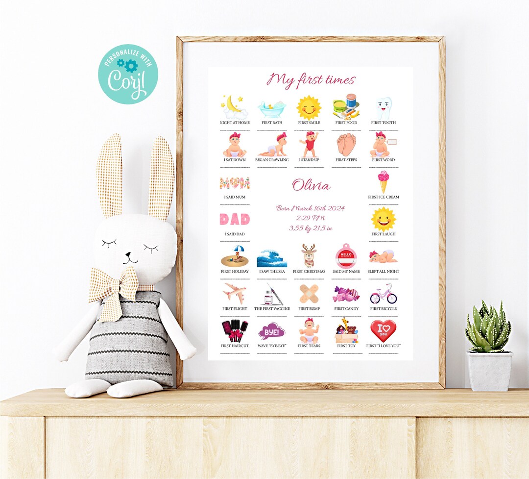 My First Times Baby Girl Poster, Baby Birth Poster, Birth Gift Idea ...