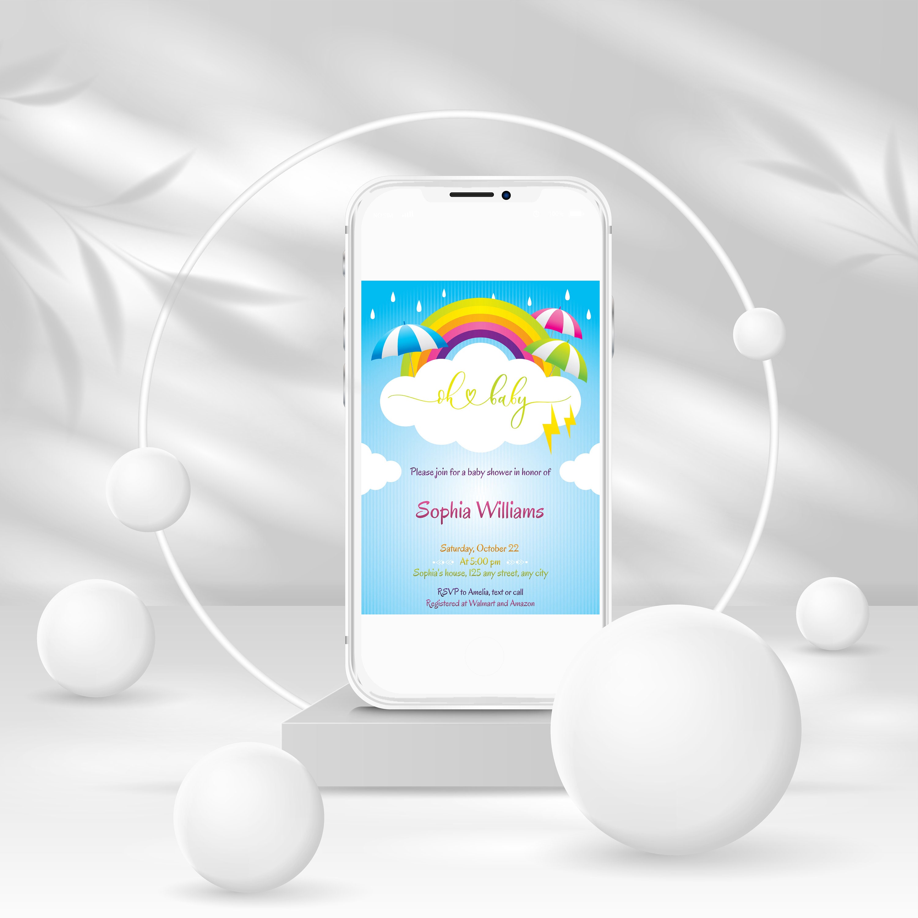 Editable Rainbow Rain Baby Shower Invitation, Umbrella Baby Shower ...