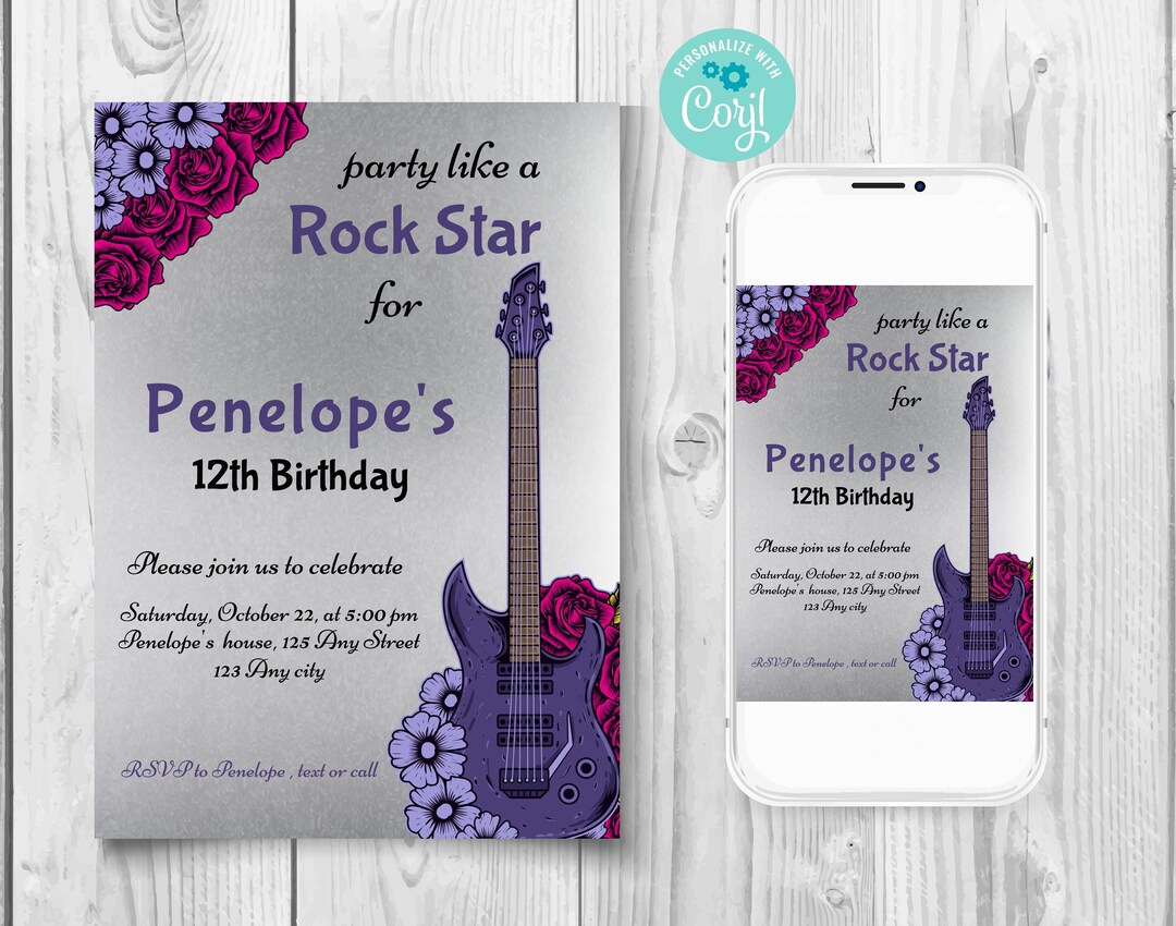 Editable Rock Star Birthday Party Invitation, Electronic Purple Silver ...