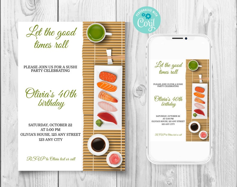 Editable Sushi Birthday Invitation, Japanese Party Invite, Sushi Night ...