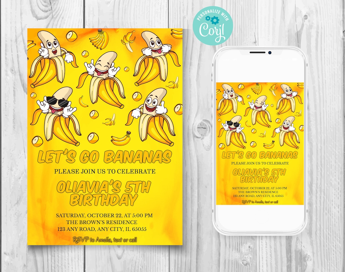 Editable Bananas Birthday Party Invitation, Let's Go Bananas Invitation ...