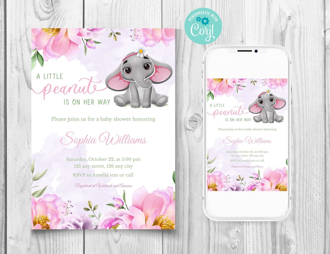 Editable Elephant Baby Shower Invitation, Pink Floral Elephant Baby ...