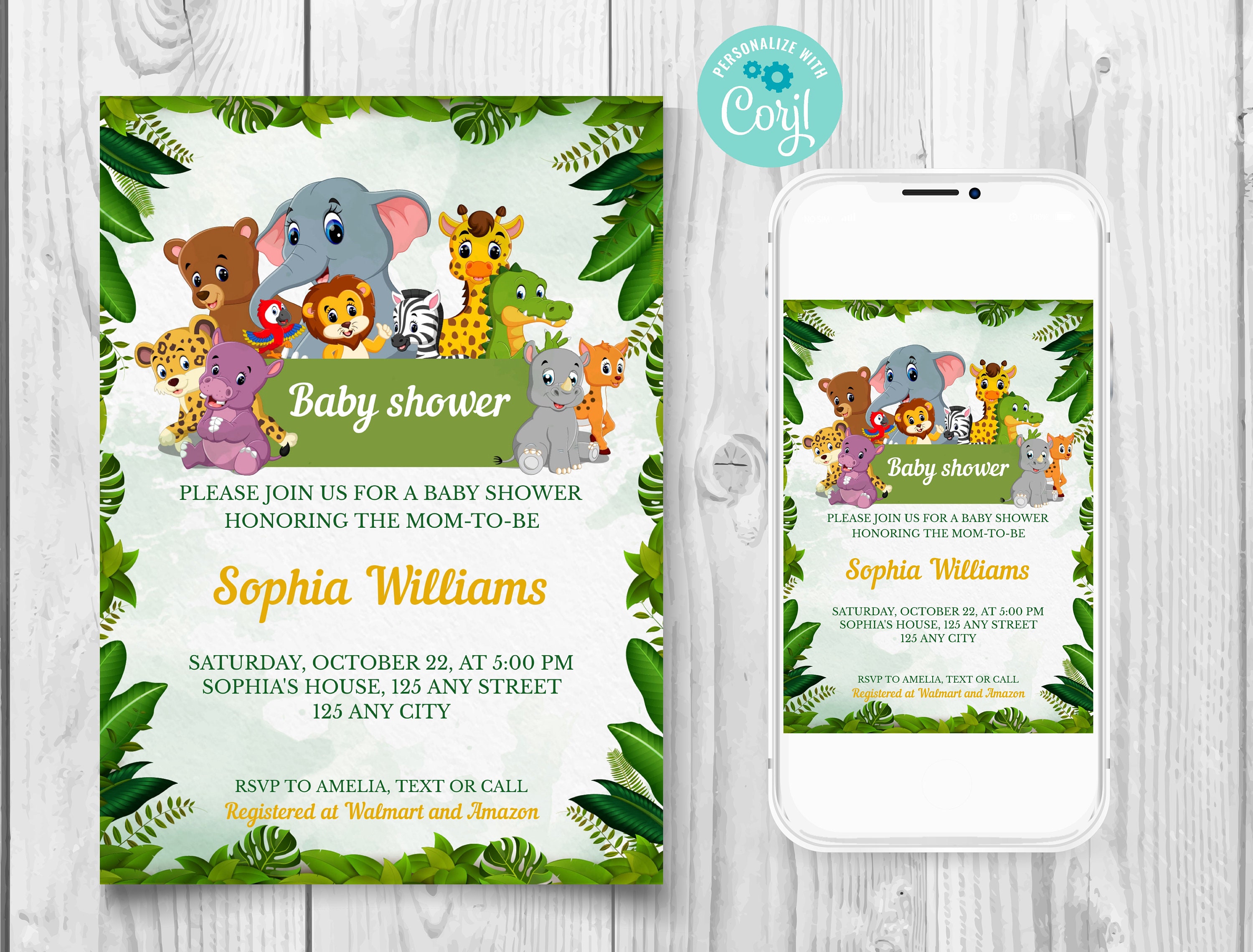 Editable Safari Animals Baby Shower Invitation, Electronic Cartoon ...