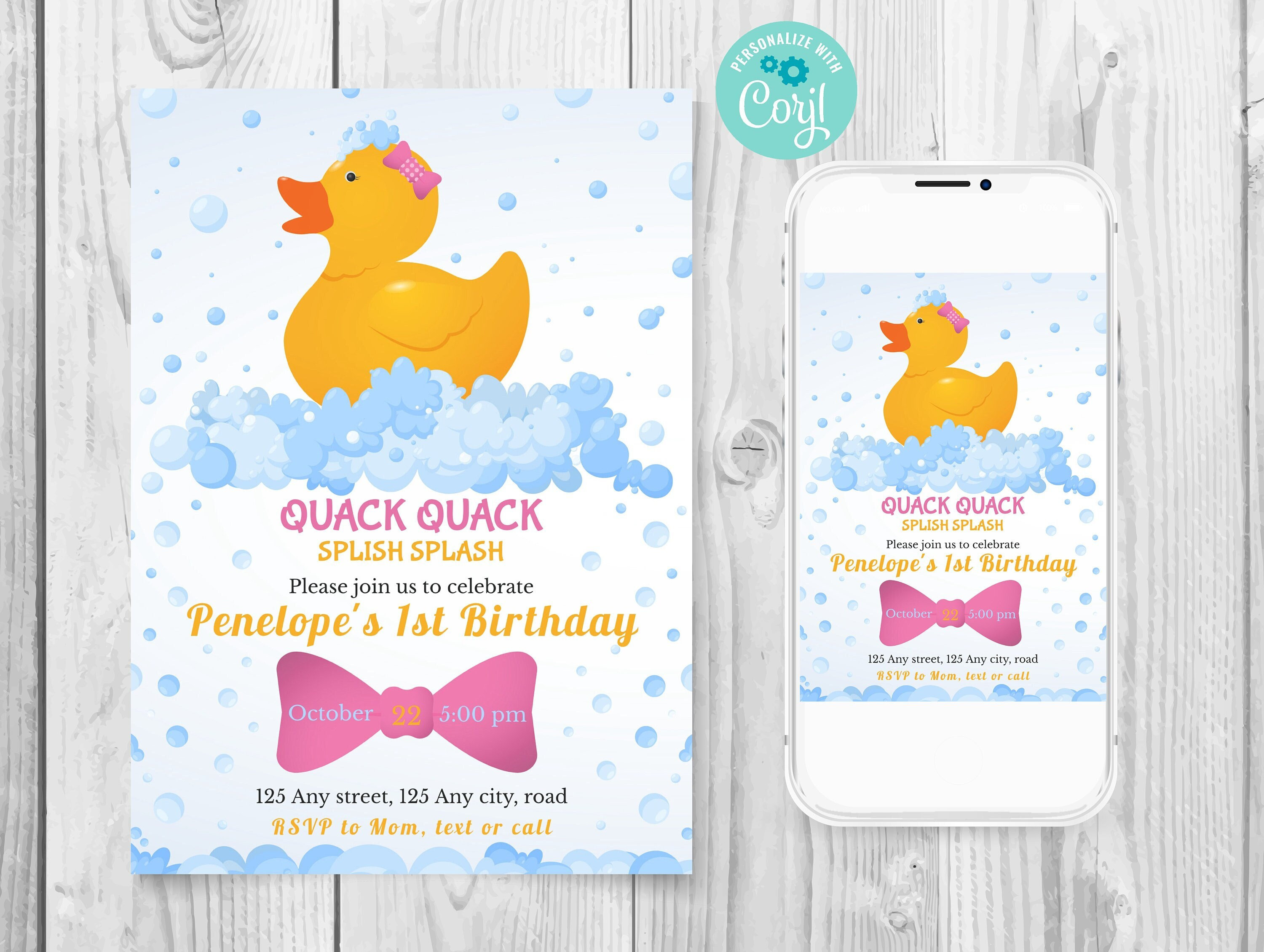 Editable Rubber Duck Birthday Invitation, Quack Party Invitation, Bath ...