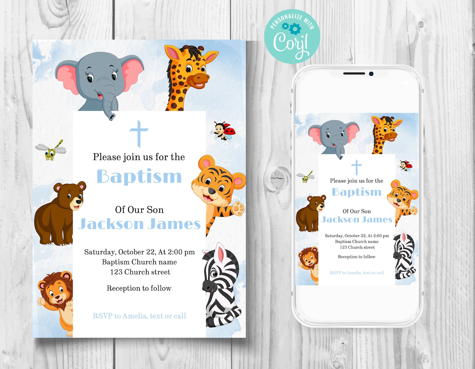 Editable Cartoon Animals Baptism Invitation, Electronic Zoo Animals ...