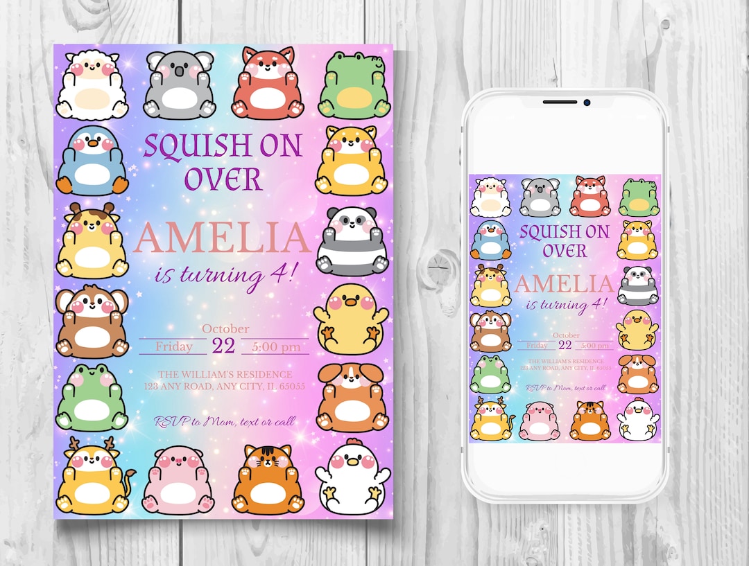 Squish on Over Birthday Invitation, Squishy Birthday Invitation, Kawai ...