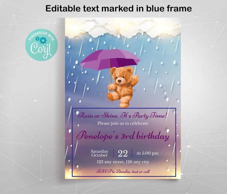Editable Teddy Bear With Umbrella Birthday Party Invitation, Rain Drops ...