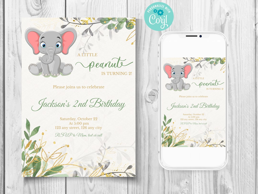 Editable Elephant Birthday Invitation, Green Floral Elephant Birthday ...