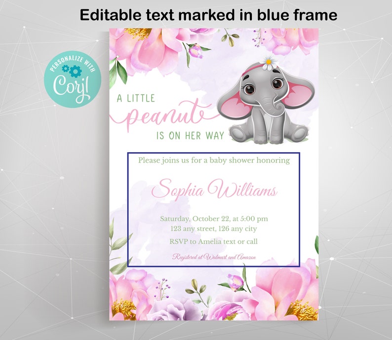 Editable Elephant Baby Shower Invitation, Pink Floral Elephant Baby ...