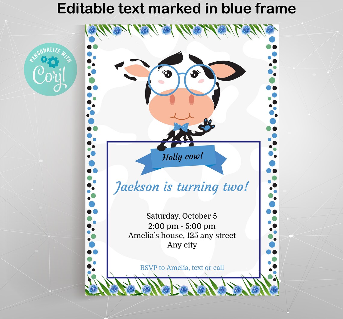 Editable Printable Holly Cow Birthday Boy Invitation, Electronic Cow ...