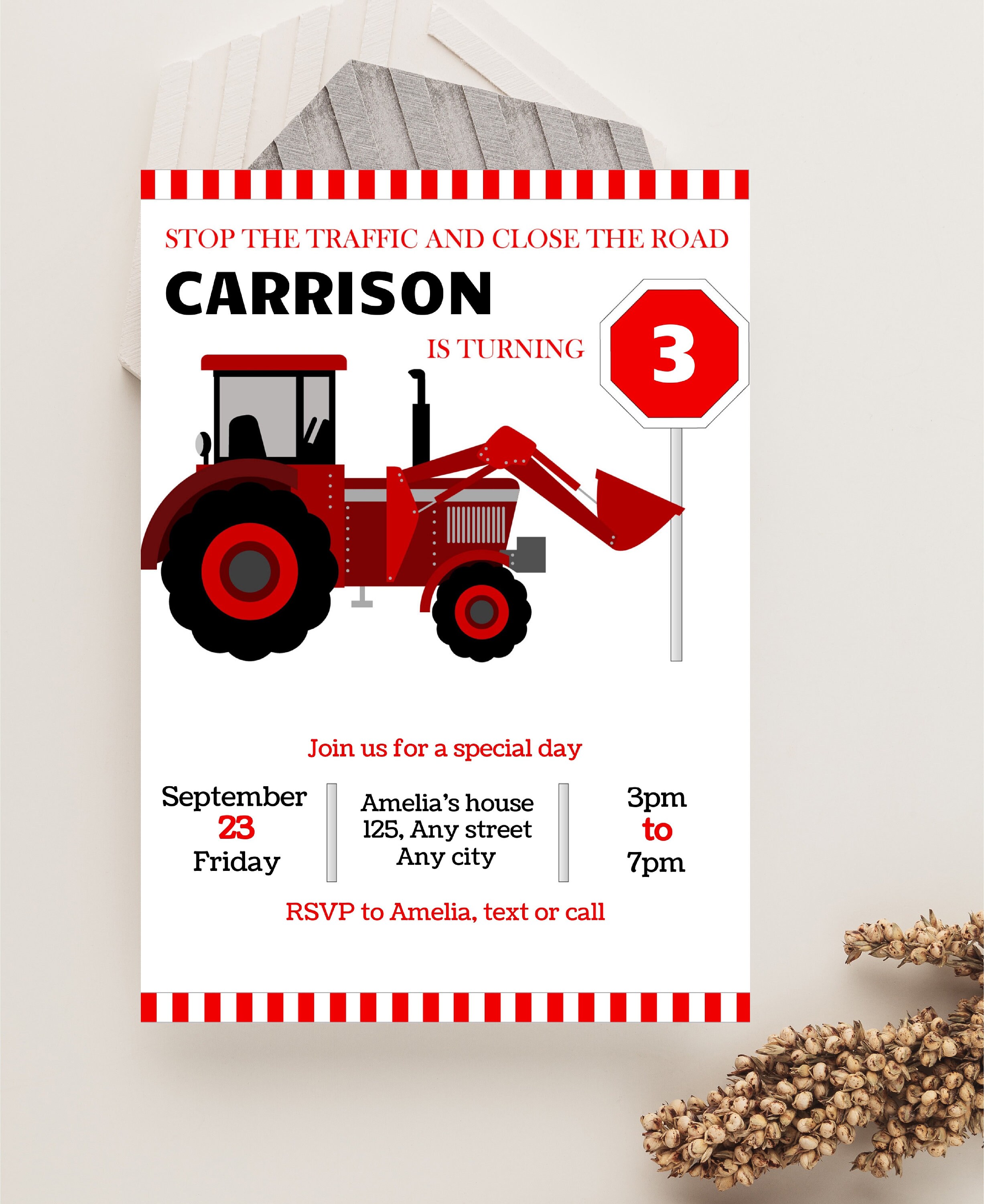 Red Tractor Birthday Invitation, Farm Invitation, Farming Equipment ...