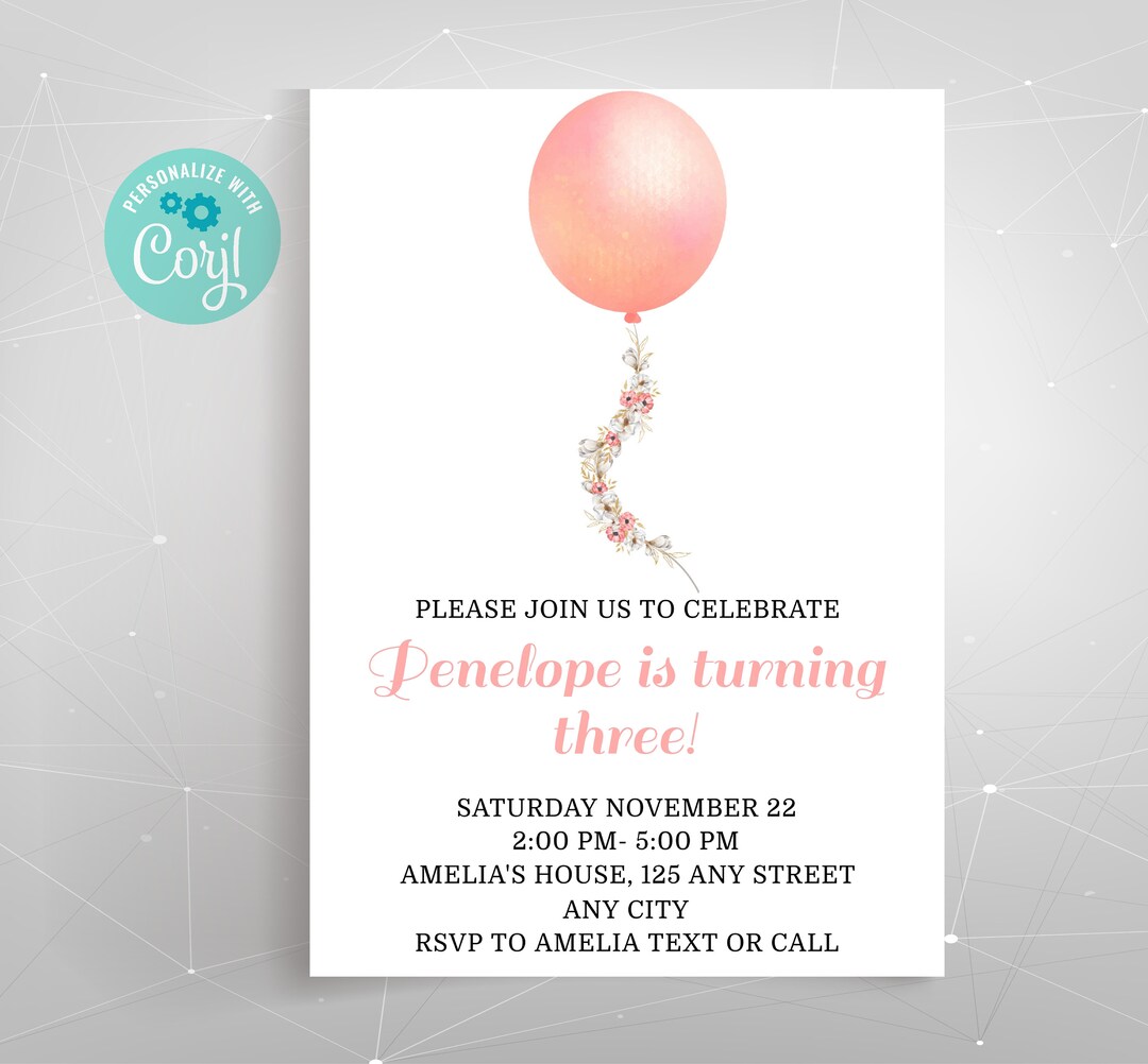 Editable Printable Pink Balloon With Flowers Birthday Party - Etsy