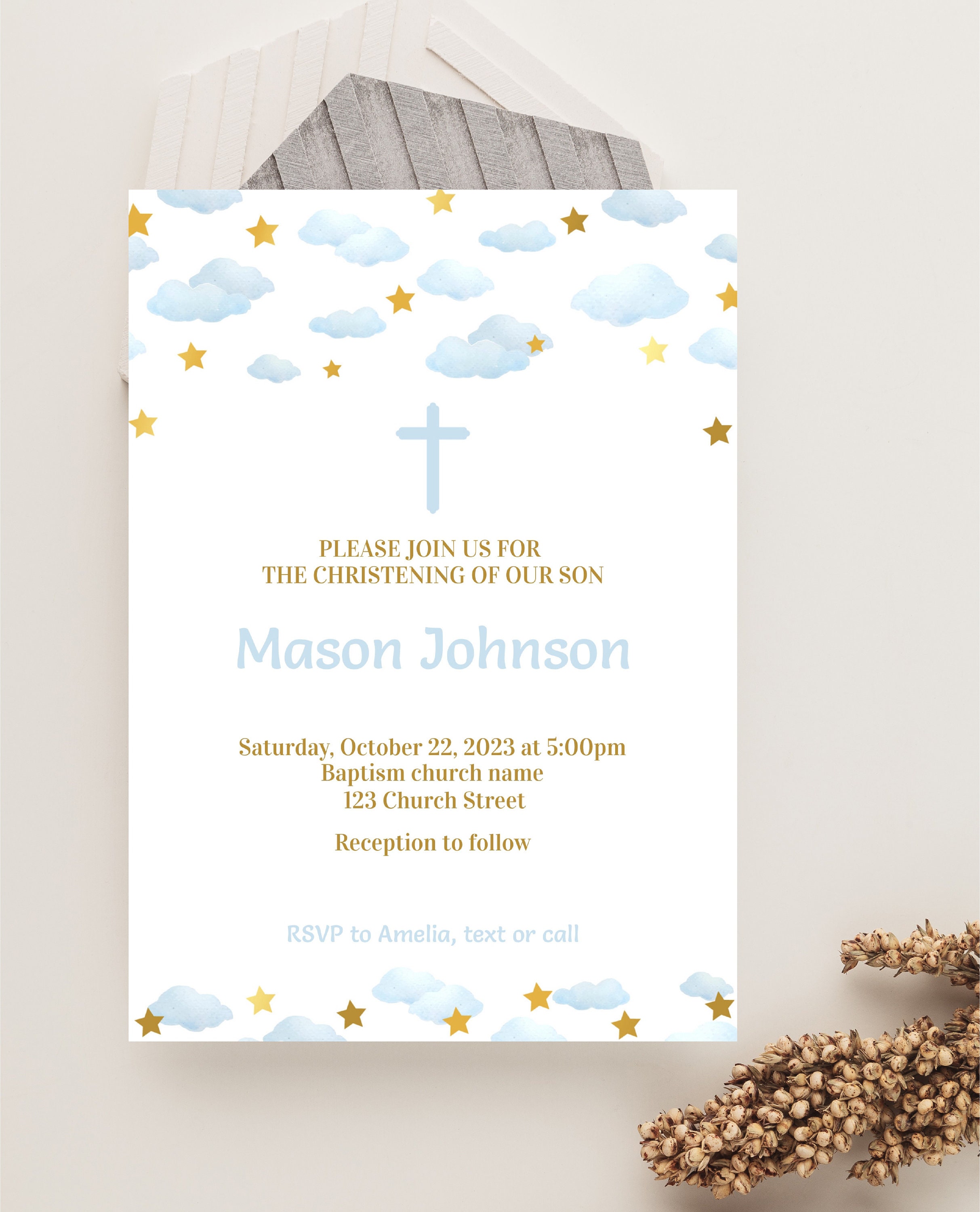 Editable Clouds and Stars Baptism Invitation, Christening Boy Invite ...