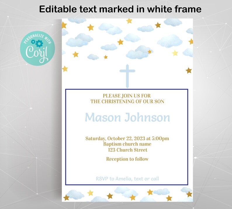 Editable Clouds and Stars Baptism Invitation, Christening Boy Invite ...