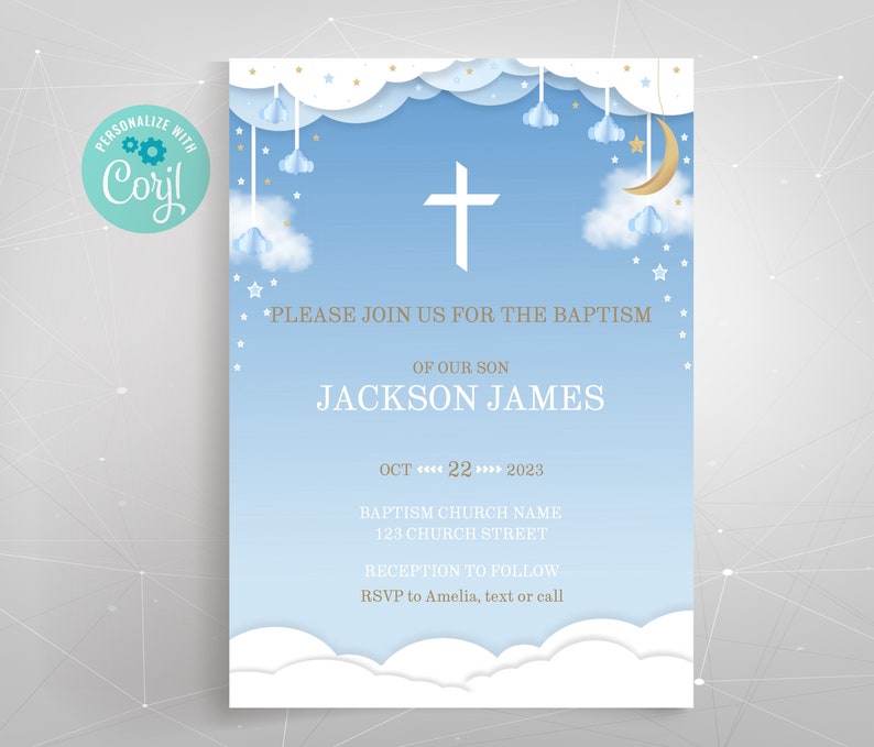 Editable Boy Baptism Invitation Electronic Blue Sky and Moon - Etsy