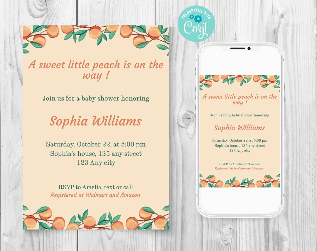 Editable Little Peach Baby Shower Invitation, A Sweet Little Peach is ...
