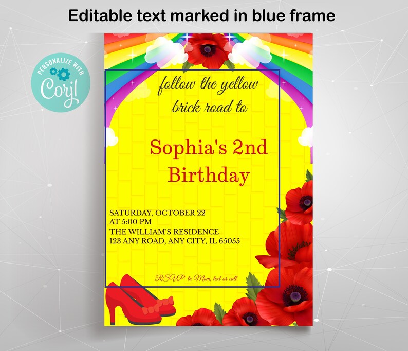 Editable Wizard of Oz Birthday Invite, Follow the Yellow Brick Road ...
