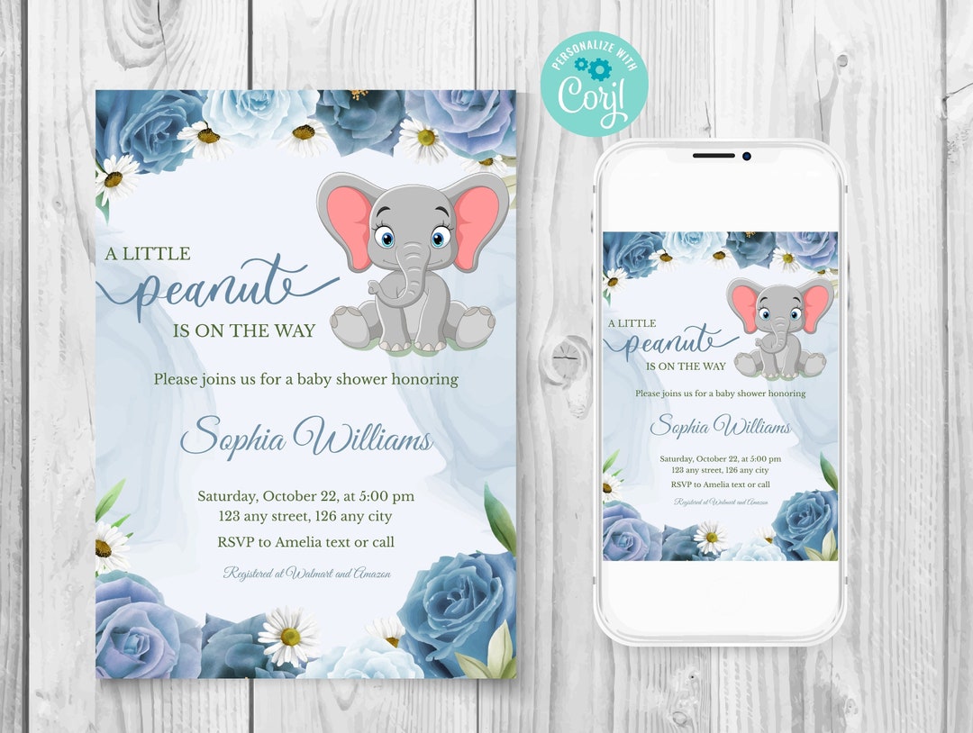 Editable Elephant Baby Shower Invitation, Blue Floral Elephant Baby ...