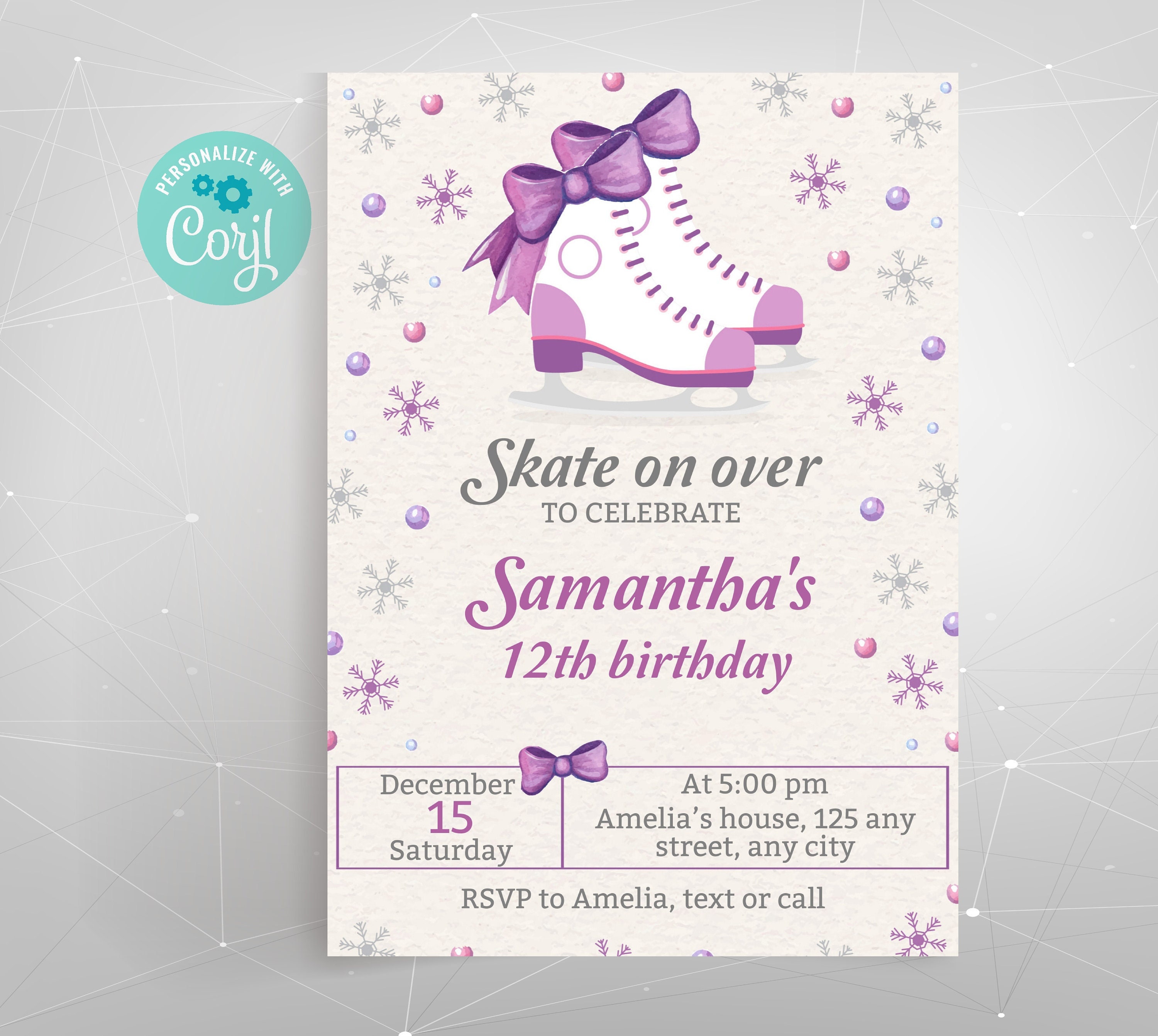 Editable Printable Ice Skate Birthday Party Invitation, Electronic Girl ...