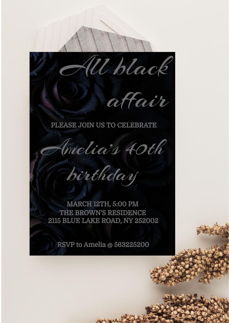 Editable All Black Affair Birthday Invitation, Black Theme Party Invite ...