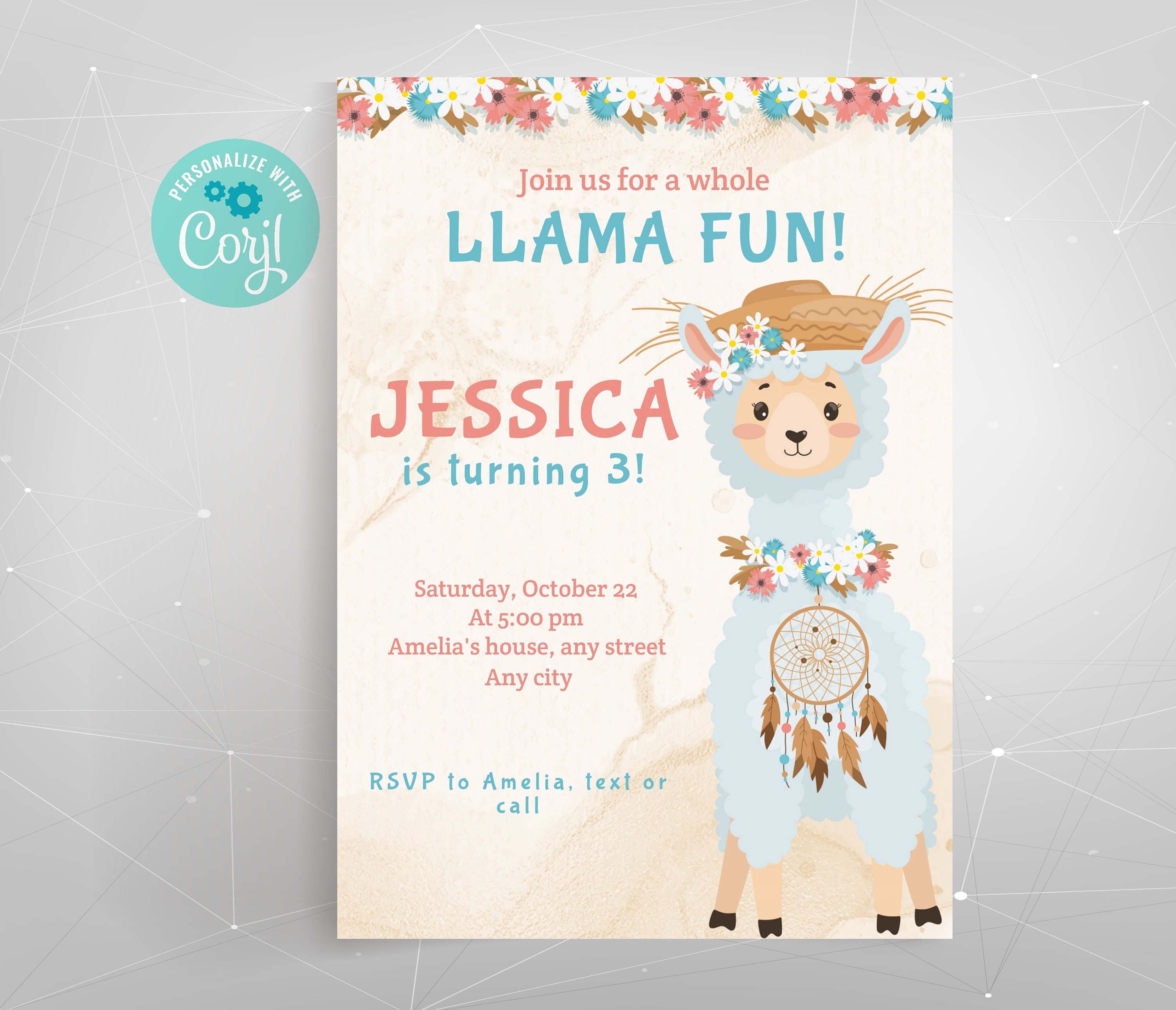 Editable Llama Birthday Invitation, Electronic LA Whole Llama Birthday ...