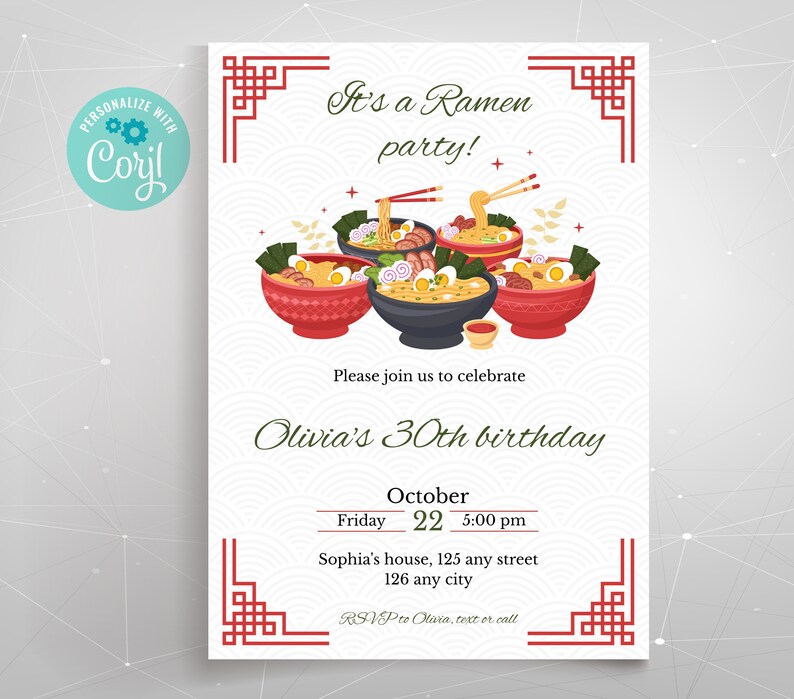 Ramen Birthday Party Invitation, Dinner Birthday Party Invitation ...