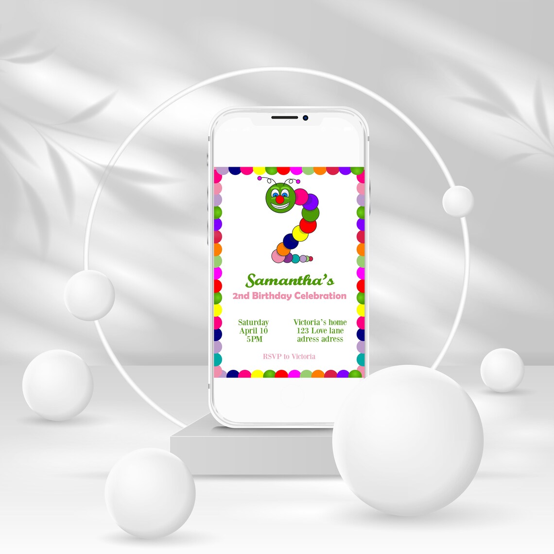 Colorful Second Birthday Party Invitation, Colorful Worm Birthday ...